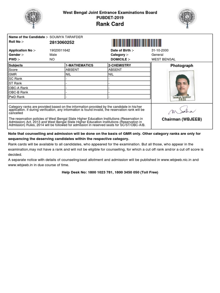 Rank Card: West Bengal Joint Entrance Examinations Board PUBDET-2019 | PDF