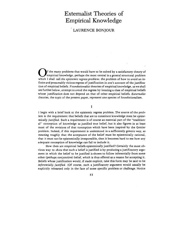 LAURENCE BONJOUR - Externalist Theories of Empirical Knowledge | PDF ...