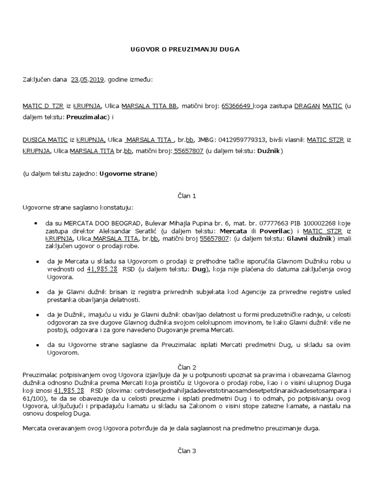 Ugovor o Preuzimanju Duga - Brisana Radnja | PDF