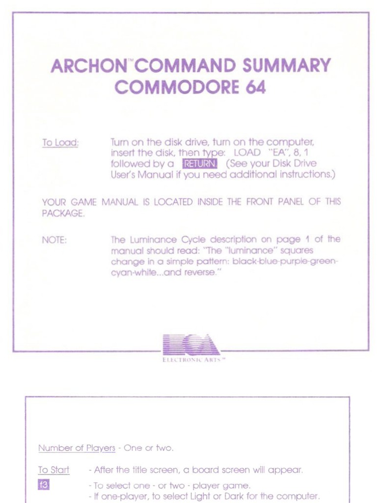 Archon - Command Summary (C64) | PDF