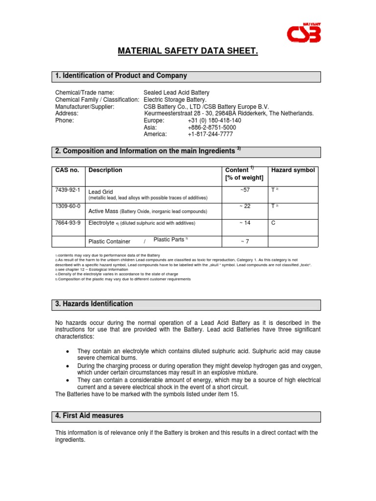 Material Safety Datasheet CSB Batteries | PDF | Lead | Sulfuric Acid