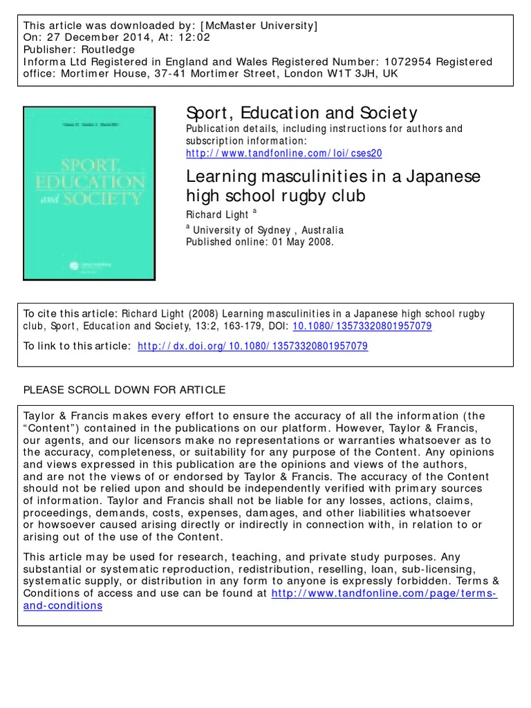 Sport, Education and Society | PDF | Masculinity | Gender