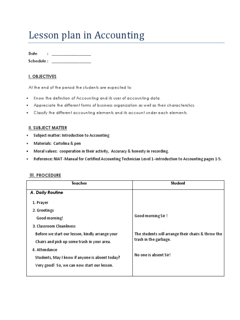 Accounting Lesson Plan Overview | PDF