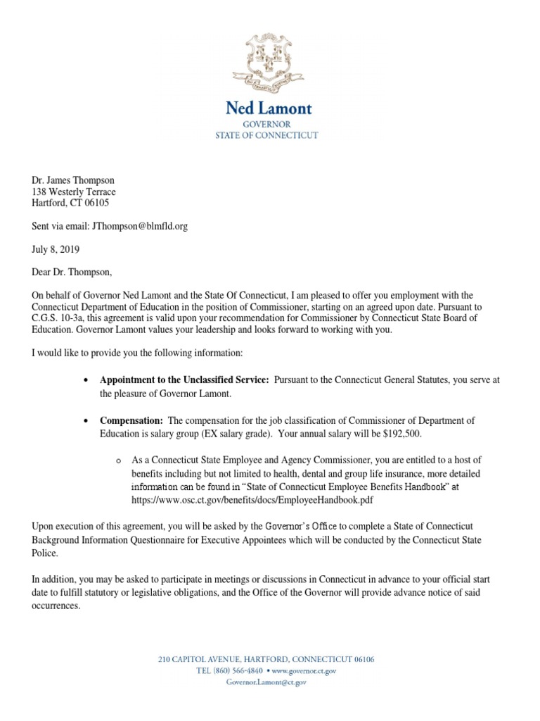 Commissioner Appointment Offer Letter | PDF | Connecticut | Employment