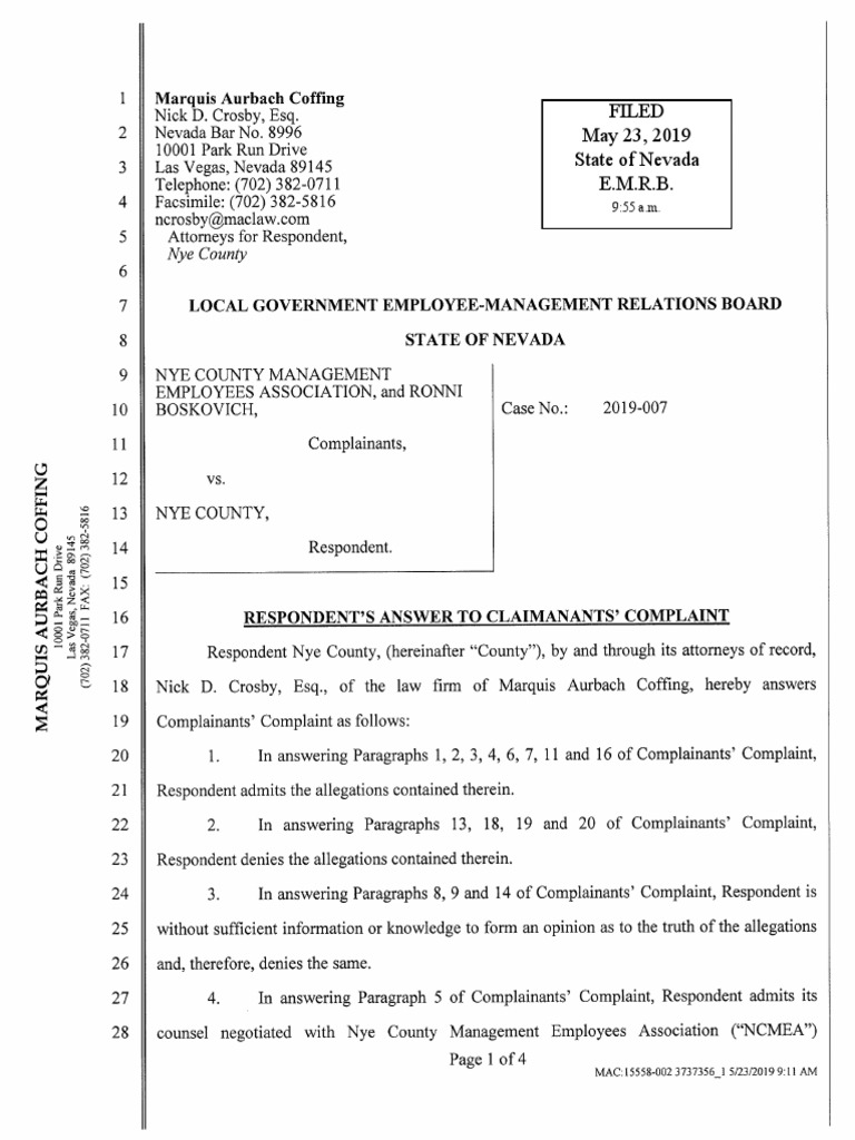Respondent's Answer To Claimanants' Complaint | PDF