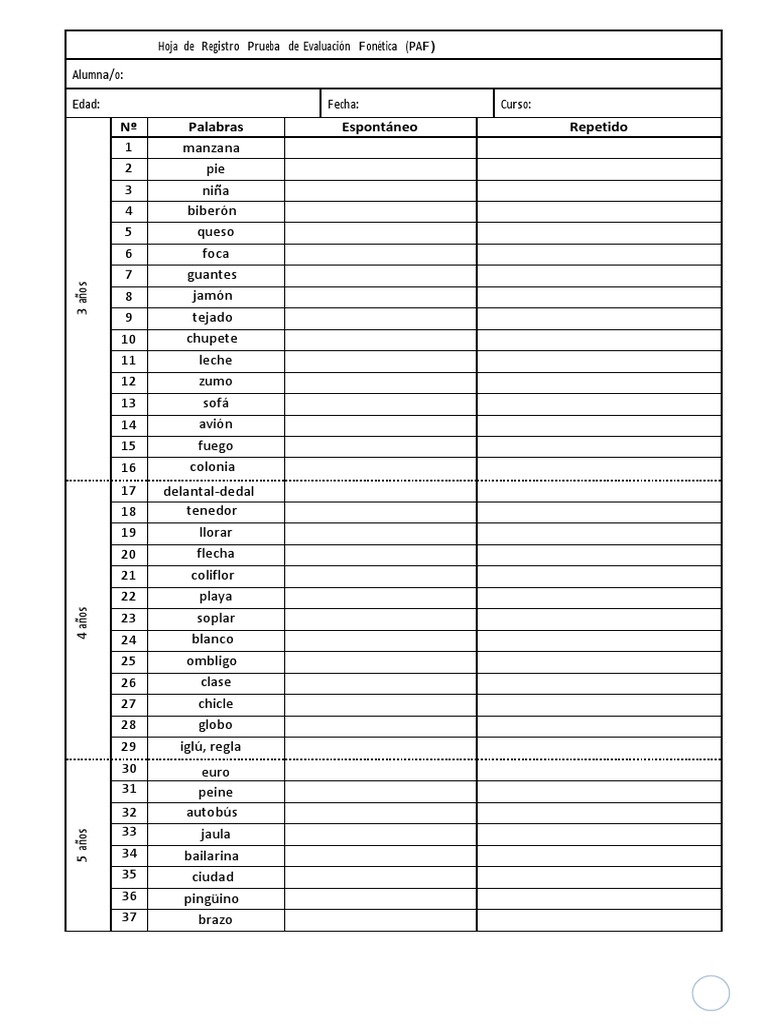 Prueba Evaluacion Fonetica PEF Con Pictogramas Hoja Registro | PDF ...