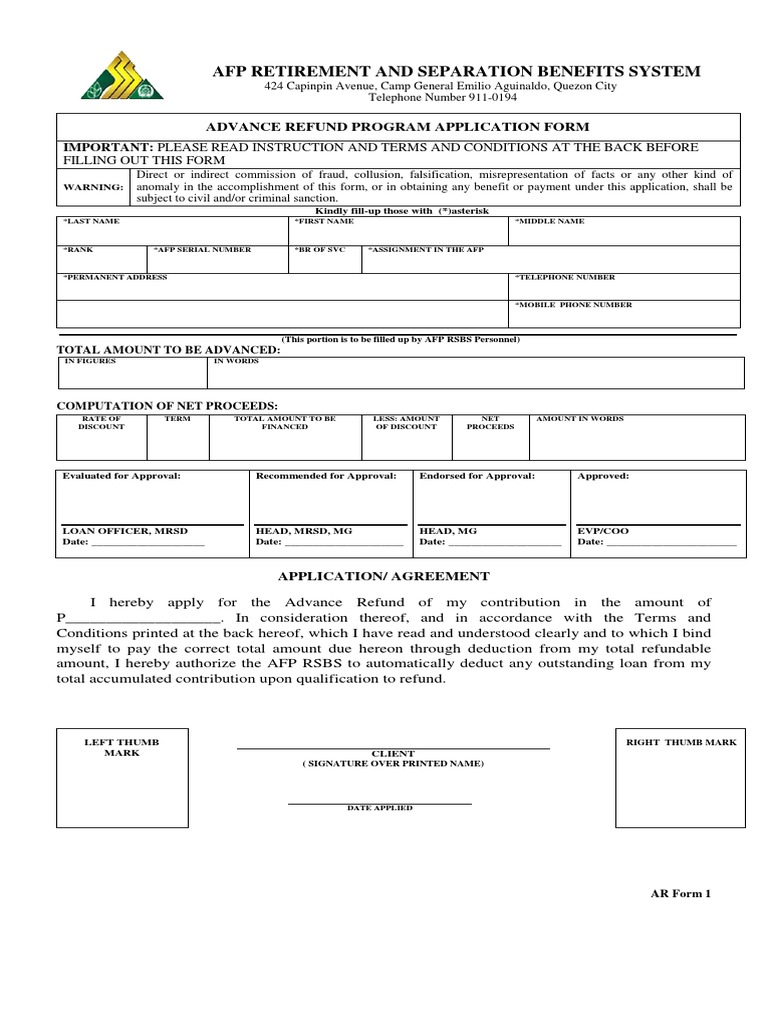 AFP Advance Refund Application Form | PDF | Identity Document | Government