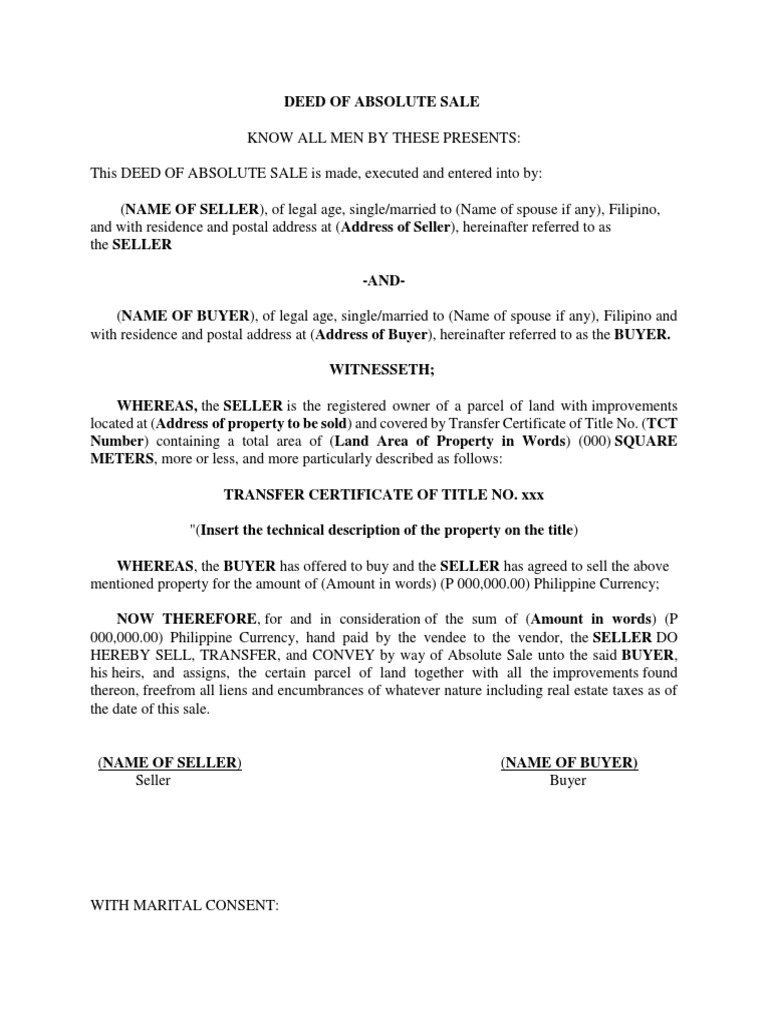 Sample Deed of Absolute Sale | PDF | Deed | Sales