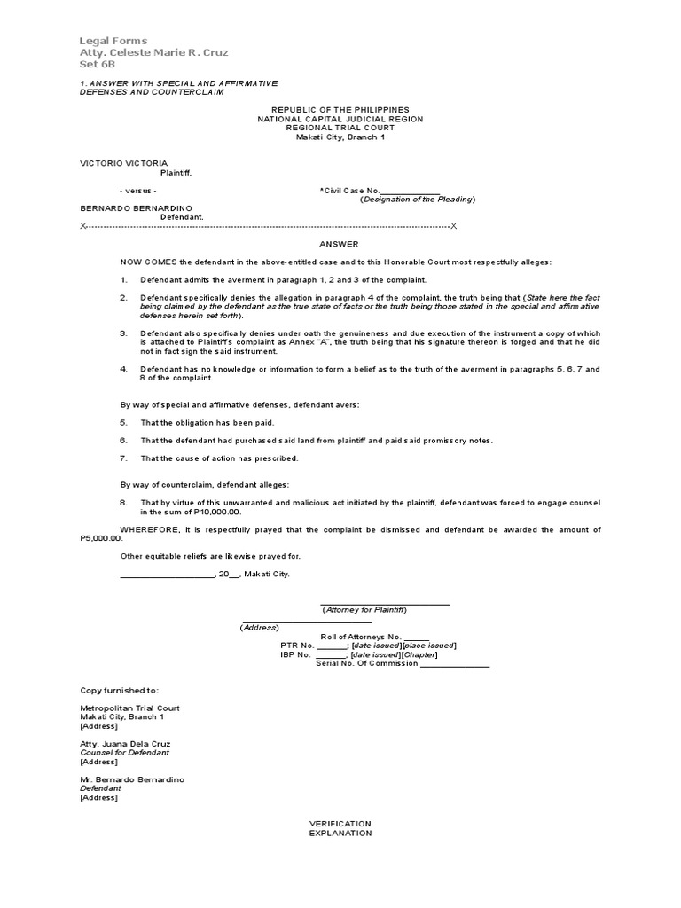 Legal Forms Atty. Celeste Marie R. Cruz Set 6B: 1. Answer With Special ... Legal Forms Atty. Celeste Marie R. Cruz Set 6B: 1. Answer With Special ...