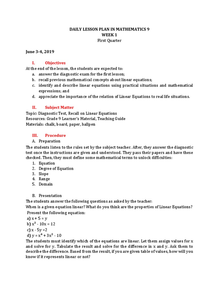 DLP Math 9 2019 | PDF | Equations | Lesson Plan