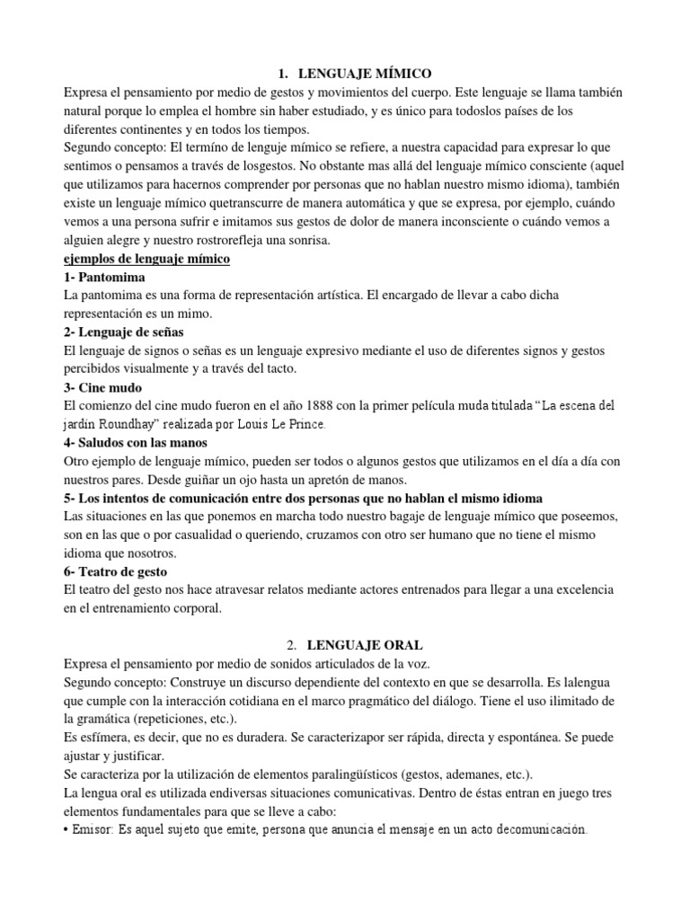Tipos de Lenguaje: Mímico, Oral y Escrito | PDF | Habla | Comunicación