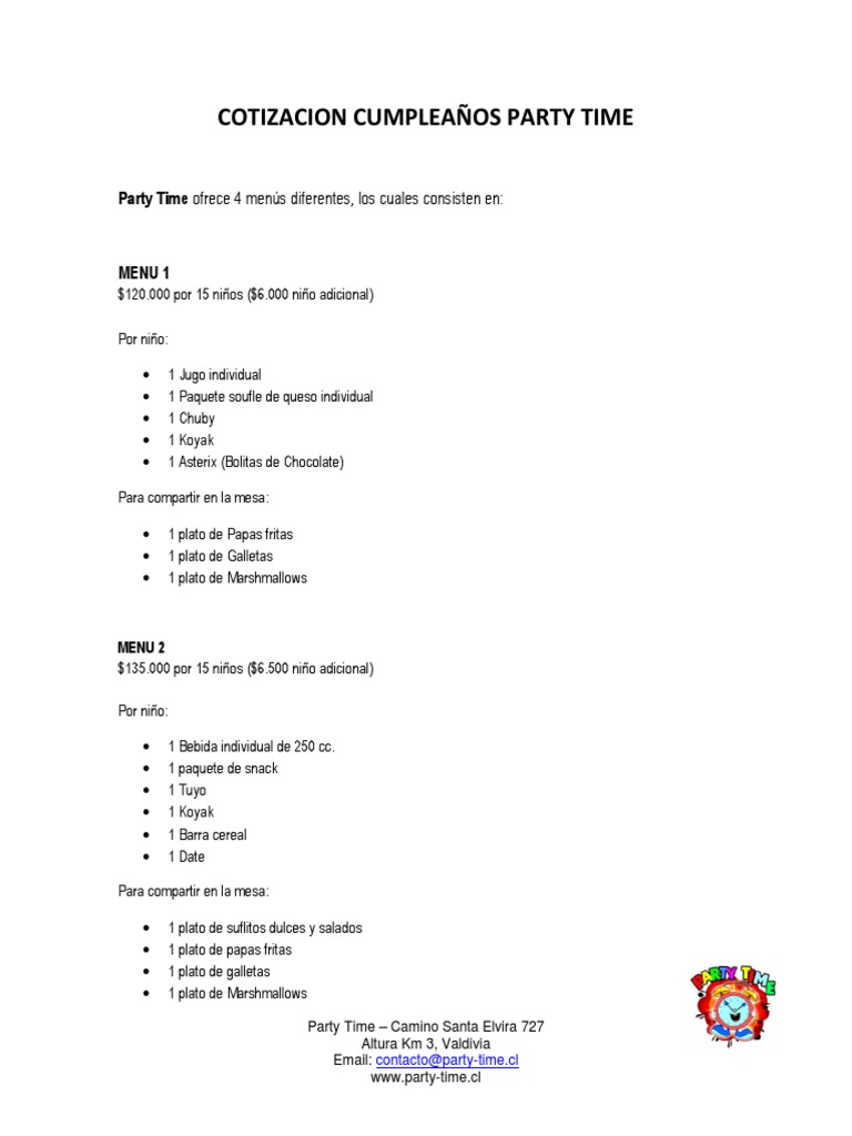 Cumpleaños infantiles: Menús y opciones de Party Time | PDF ...