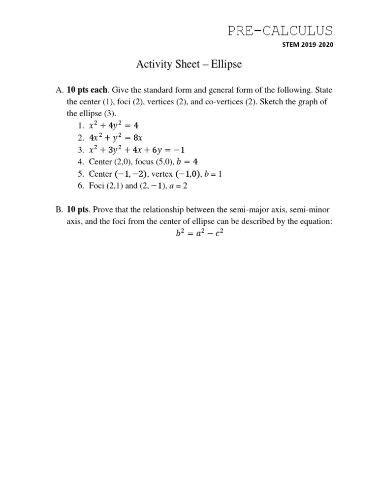 Pre-Calculus: Activity Sheet - Ellipse | PDF