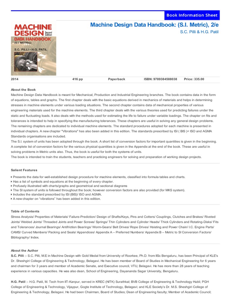 Machine Design Data Handbook: (S.I. Metric), 2/e: Book Information ...
