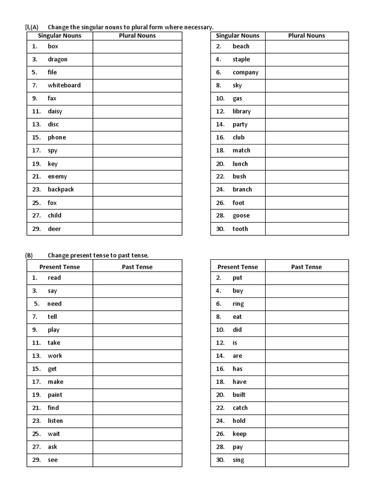 Singular & Past Present Exercise 2 | PDF | Plural | Syntax