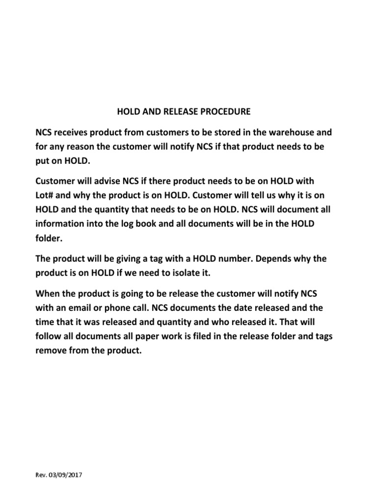 Hold and Release Procedure | PDF