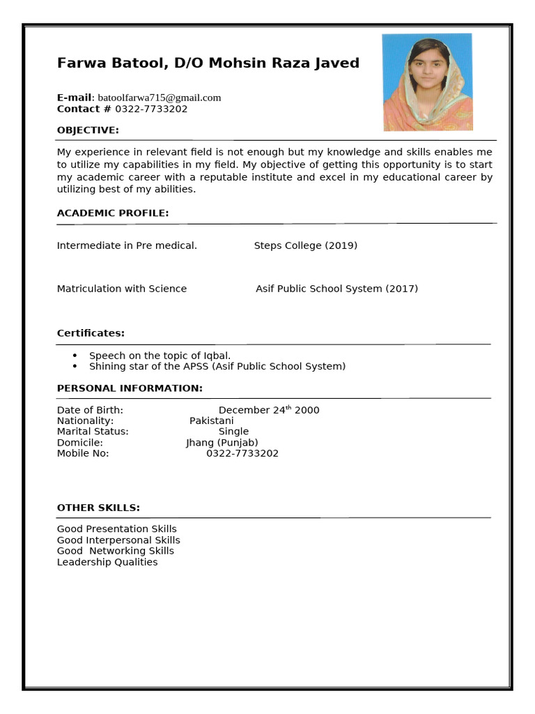 Farwa Batool, D/O Mohsin Raza Javed: E-Mail Contact # Objective | PDF