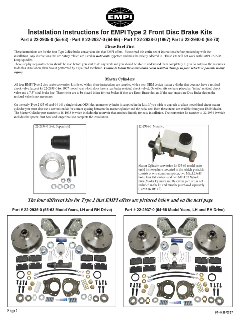Nstallation Instructions For EMPI Type 2 Front Disc Brake Kits | PDF | Brake | Nut (Hardware)