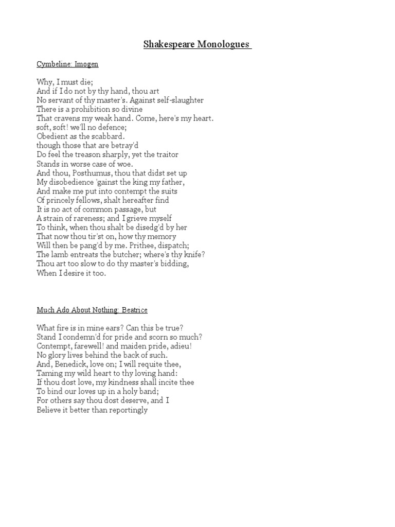 Shakespeare's Monologues: Imogen & Beatrice | PDF