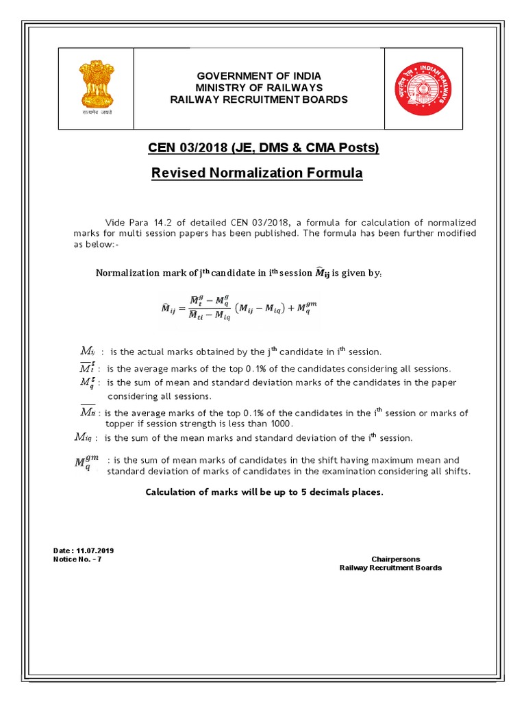 Revised Normalization Formula Revised Normalization Formula: CEN 03 CEN ...