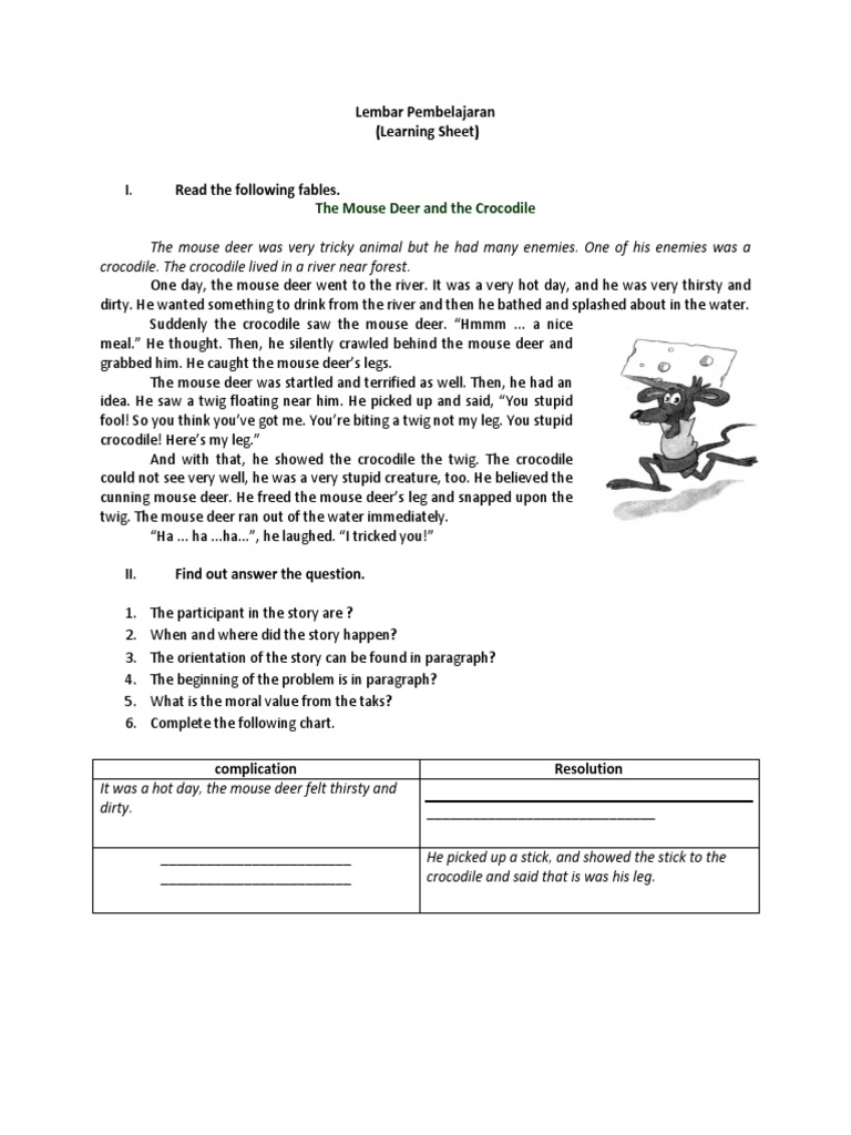 Lembar Pembelajaran (Learning Sheet) : The Mouse Deer and The Crocodile ...