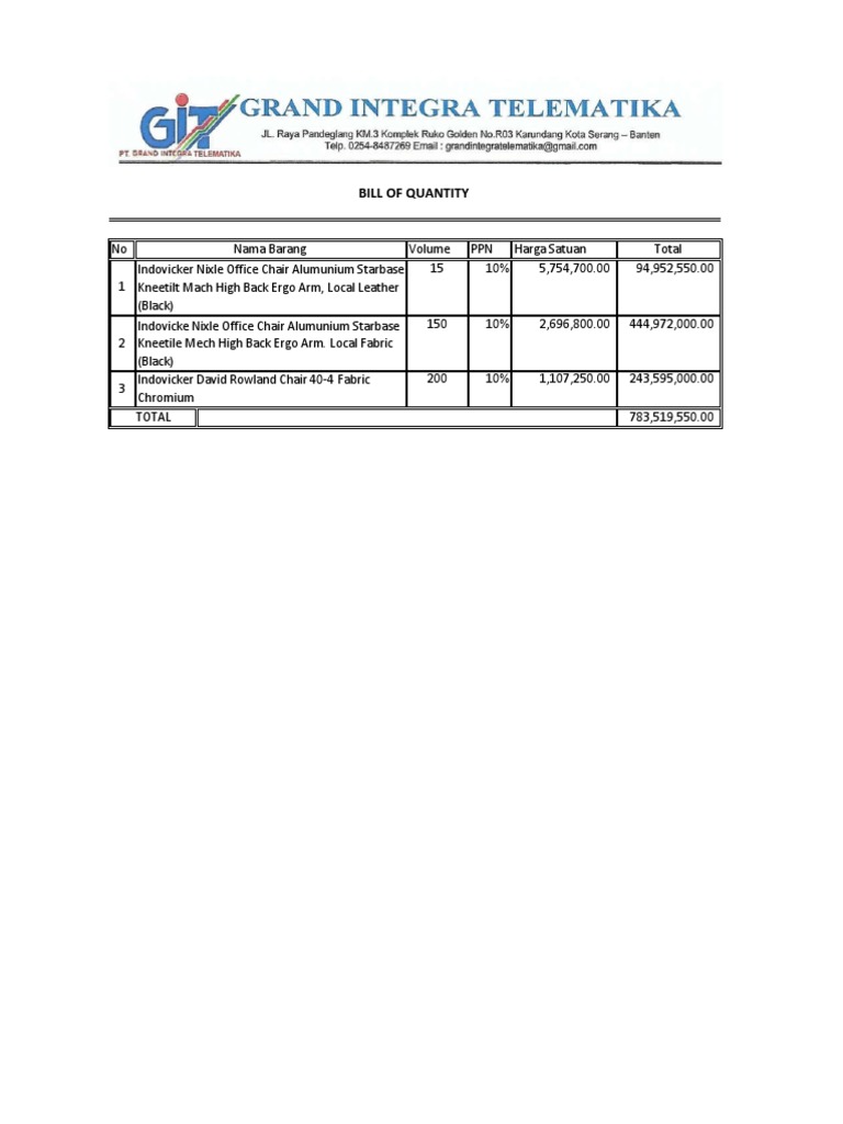 Bill of Quantity for Office Chairs | PDF