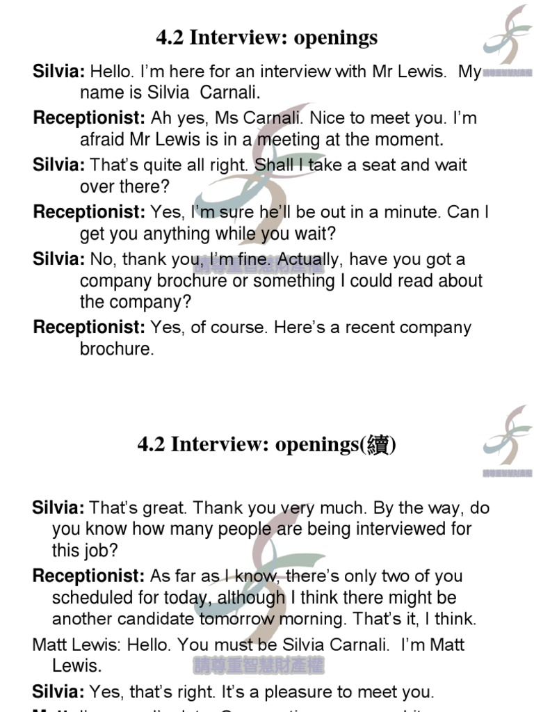 4.2 Interview: Openings: Silvia: Receptionist: Silvia: Receptionist ...