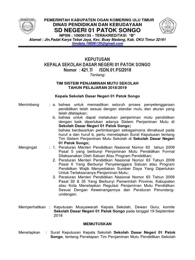 SK Tim Penjaminan Mutu SD 2018/2019 | PDF