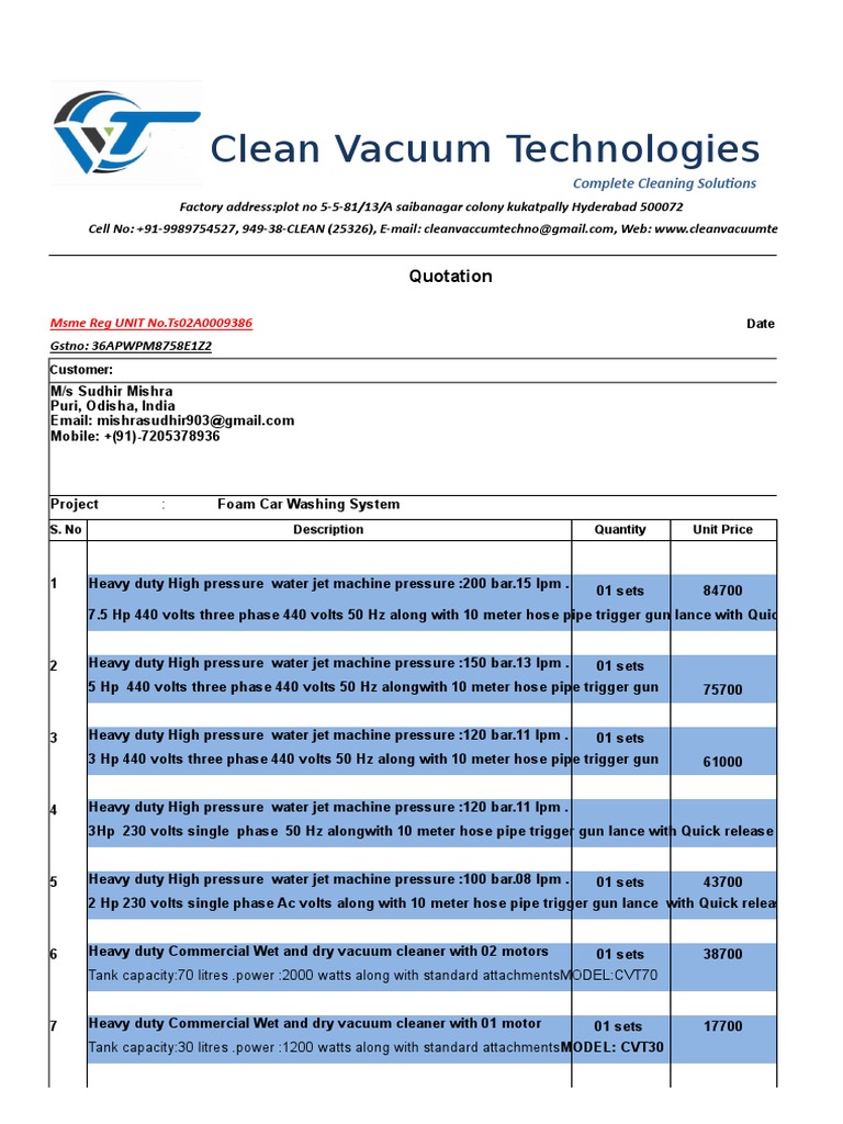 Clean Vacuum Technologies: Quotation | PDF | Vacuum Cleaner | Manufactured Goods