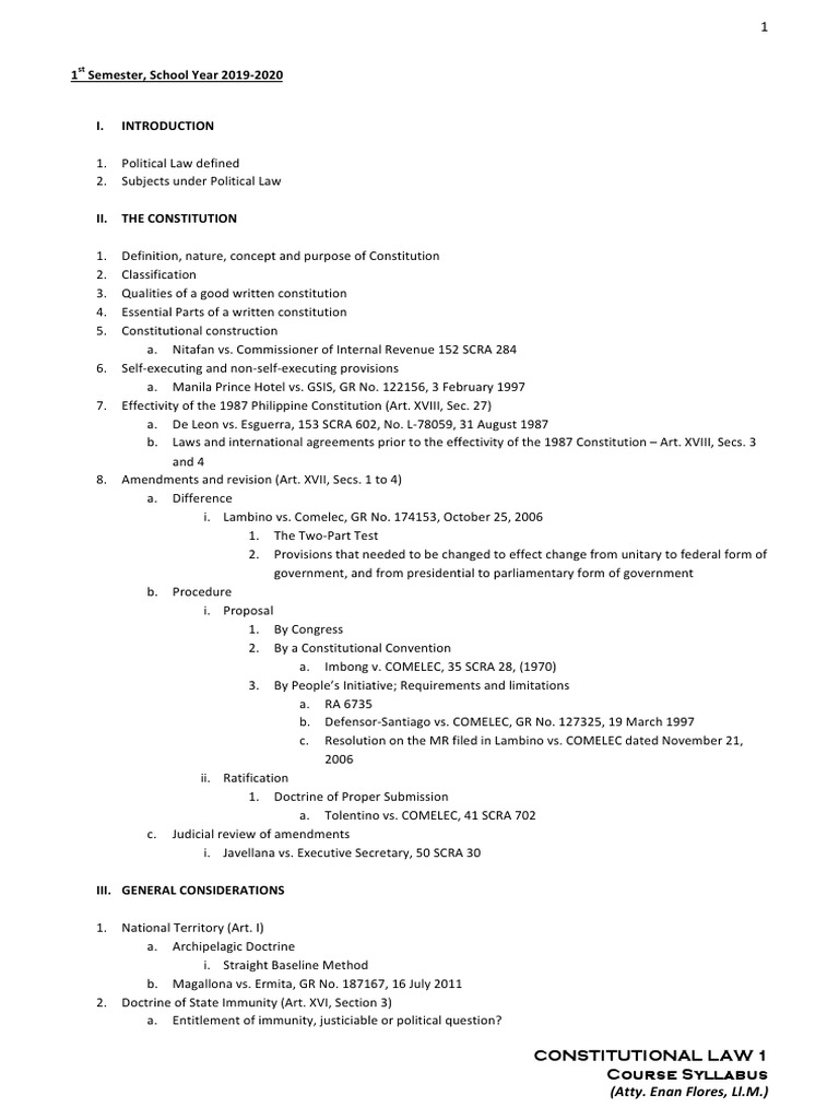 Constitutional Law 1 Syllabus Overview | PDF | Veto | Constitutional Law