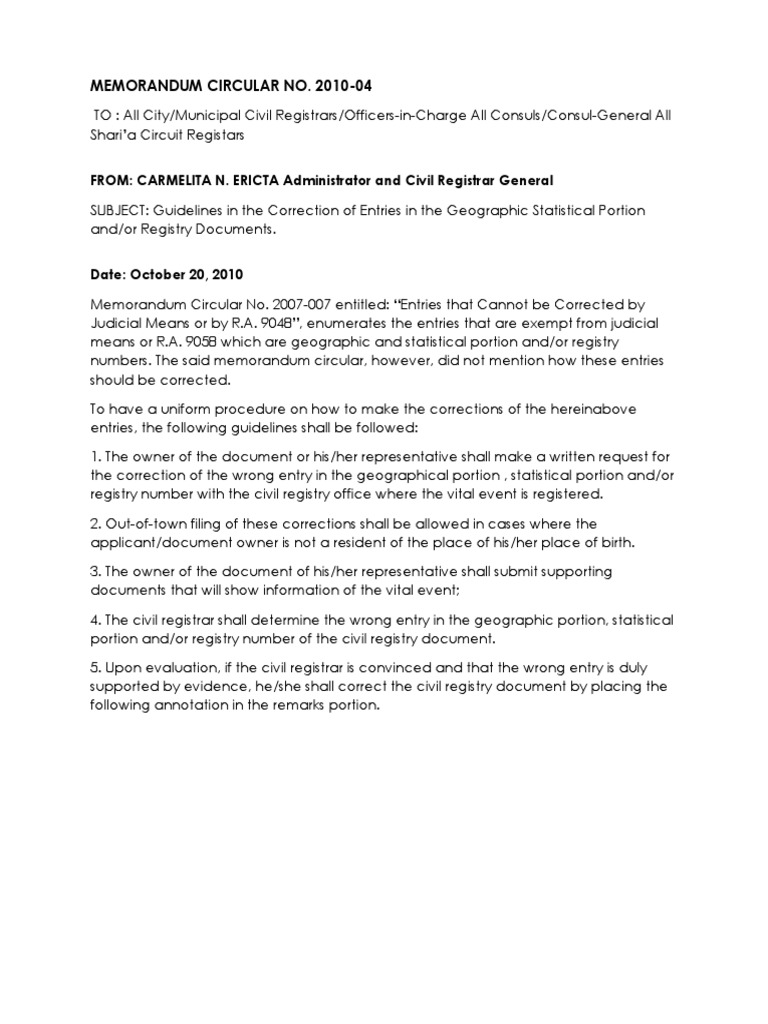 PSA Guidelines for Entry Corrections | PDF | Virtue | Common Law