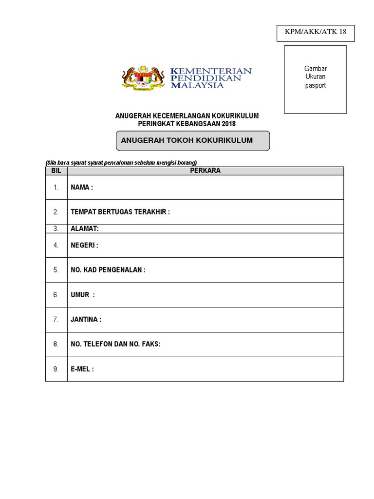 Borang Anugerah Tokoh Kokurikulum | PDF