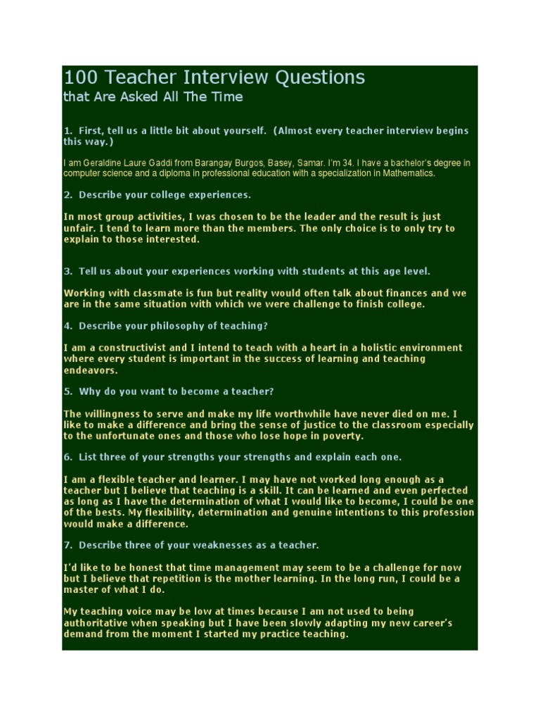 100 Teacher Interview Questions Answered | PDF | Homework | Teachers