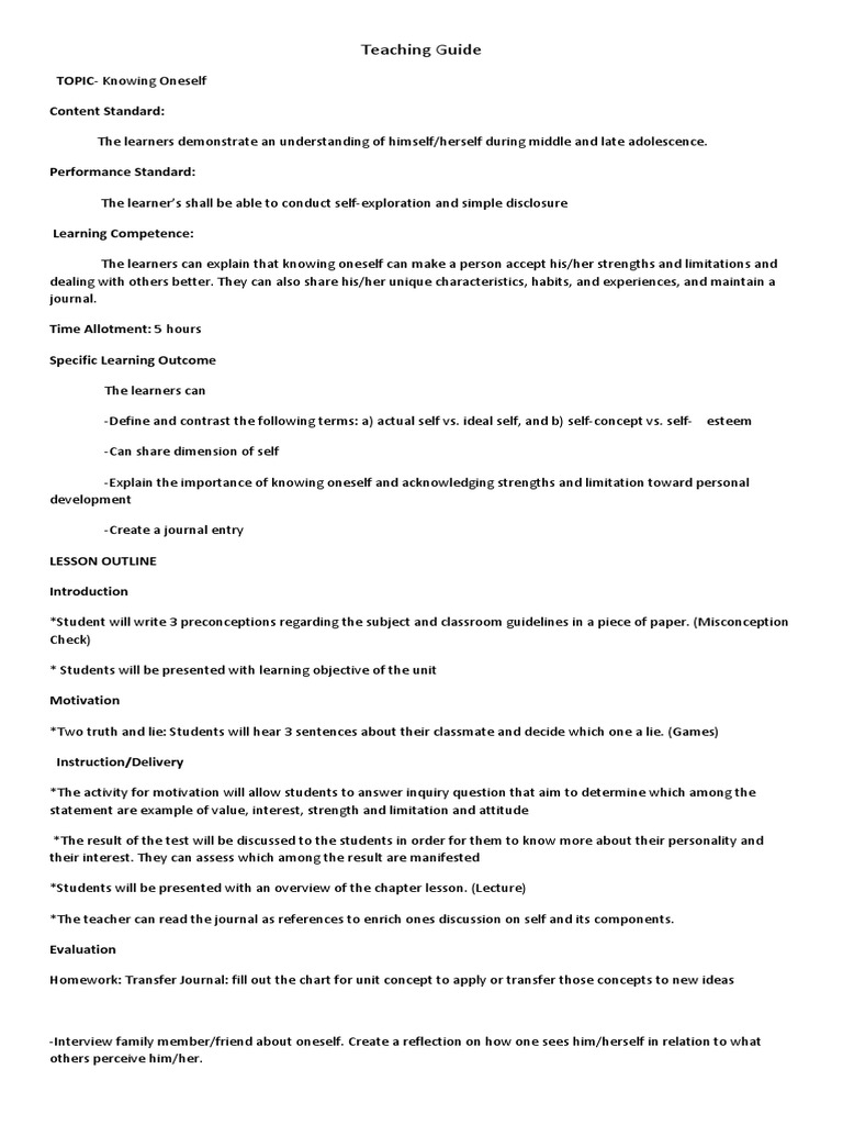 Teaching Guide: TOPIC-Knowing Oneself Content Standard | PDF | Self ...