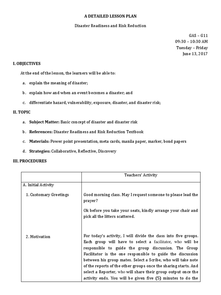 A Detailed Lesson Plan DRRR | PDF | Hazards | Vulnerability