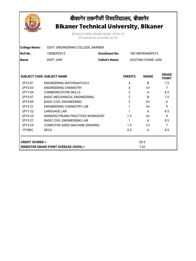 BTU B.Tech II Sem Exam Result 2018-19 | PDF