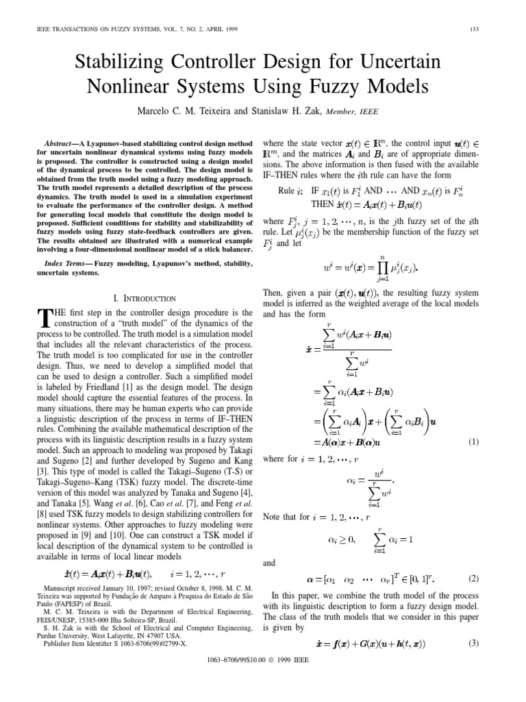 Stabilizing Controller Design For Uncertain Nonlinear Systems Using Fuzzy Models | PDF | Control ...