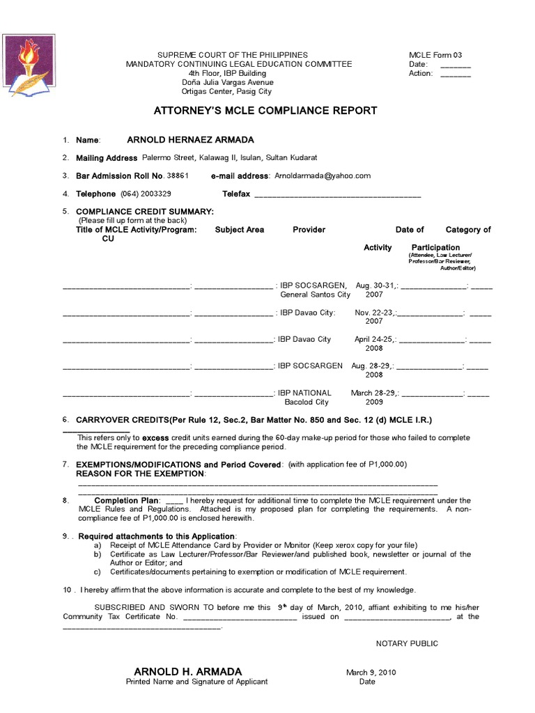 Attorney'S Mcle Compliance Report: Arnold Hernaez Armada | PDF | Virtue ...