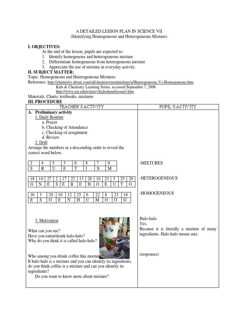 A Detailed Lesson Plan in Science | PDF | Homogeneity And Heterogeneity ...