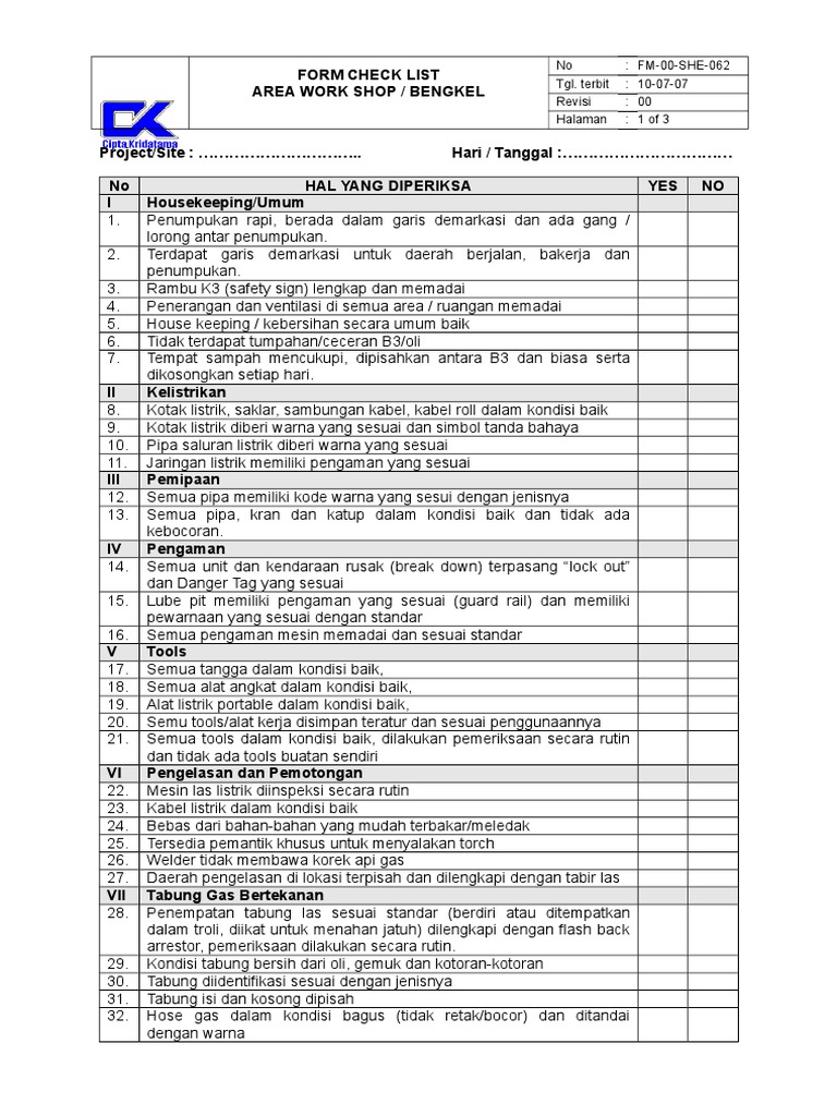 Form Checklist Inspeksi K3 Workshop | PDF