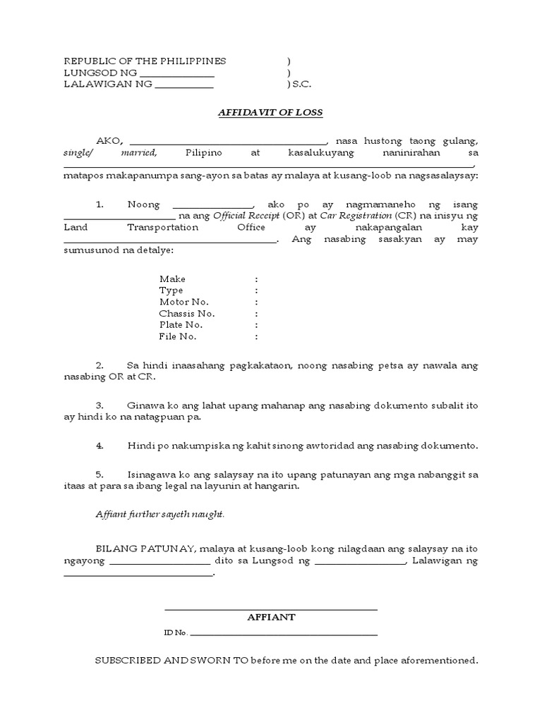 Affidavit of Loss - OR CR | PDF