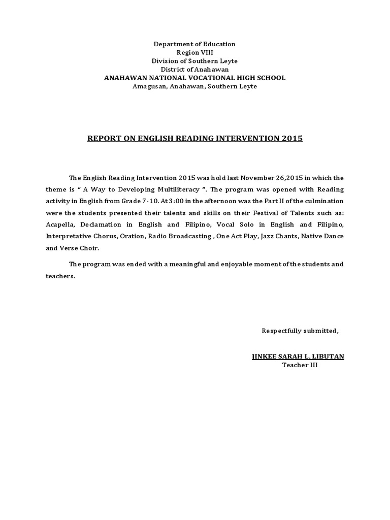 Report On English Reading Intervention 2015: Anahawan National ...
