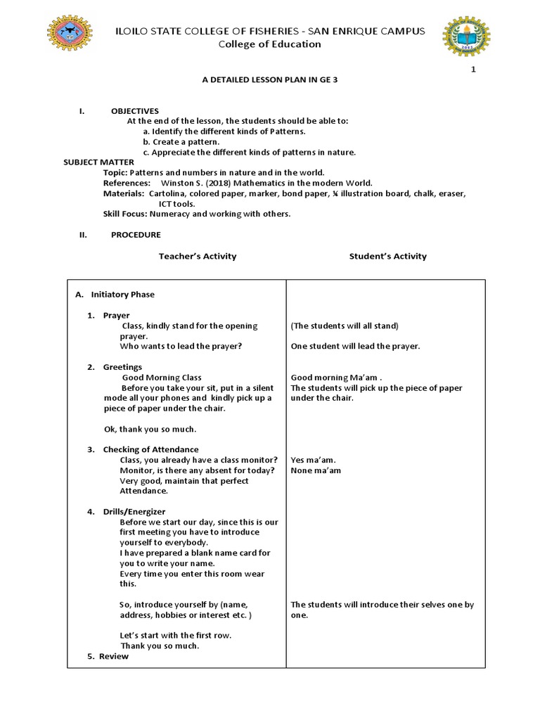 ILOILO STATE COLLEGE OF FISHERIES LESSON PLAN ON PATTERNS | PDF ...