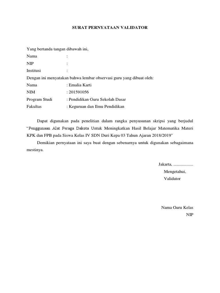 Surat Pernyataan Validator & Teman Sejawat | PDF
