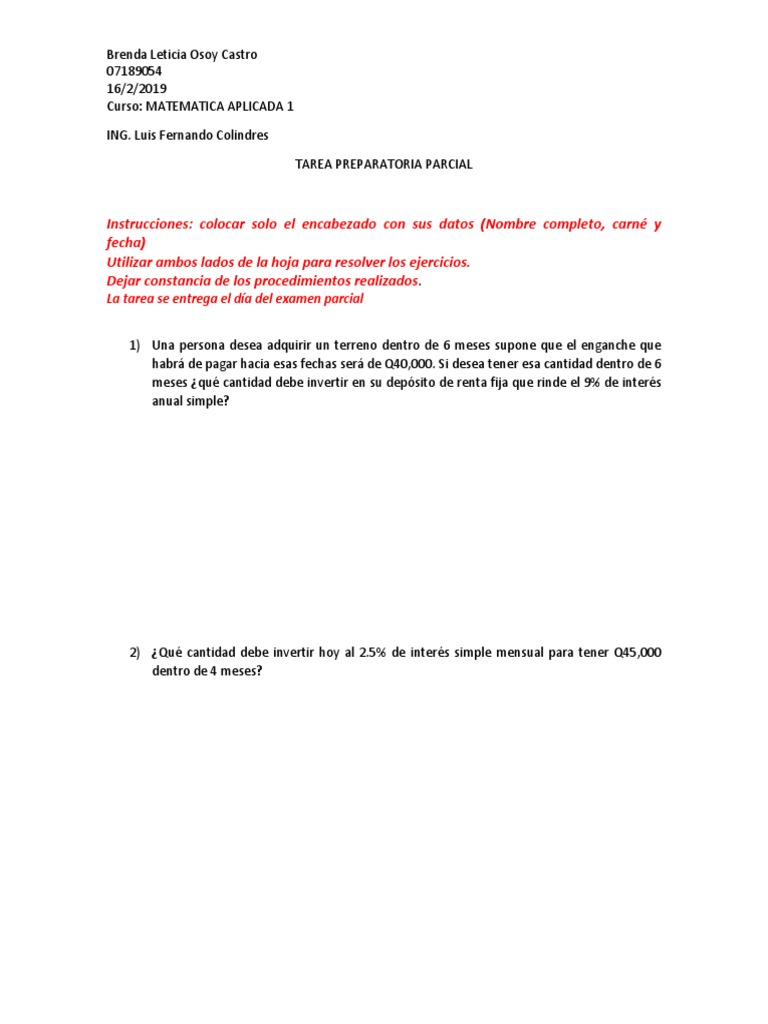 Tarea Preparatoria Parcial Matematica Aplicada 1 | PDF | Interés ... Tarea Preparatoria Parcial Matematica Aplicada 1 | PDF | Interés ...