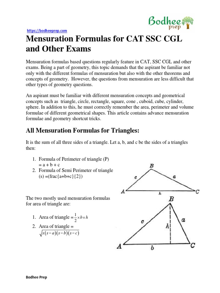 Mensuration Formulas For CAT SSC CGL and Other Exams Edited | Download ...