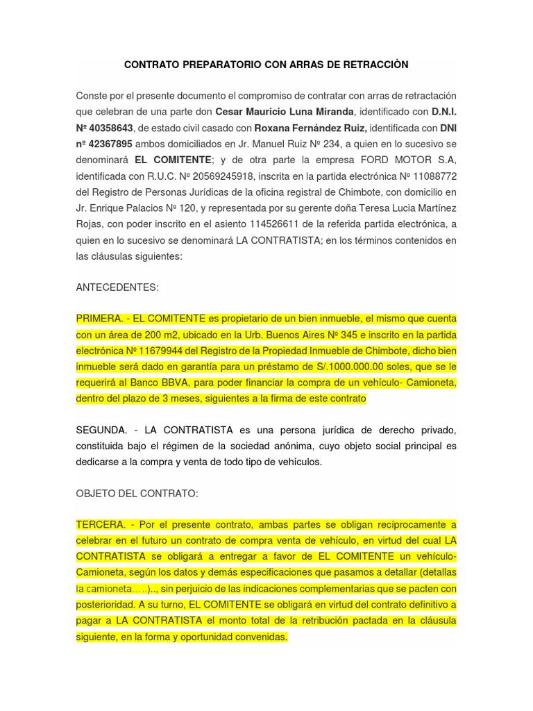 Contrato Preparatorio Con Arras de Retracciòn | PDF | Competencia (ley) | Justicia