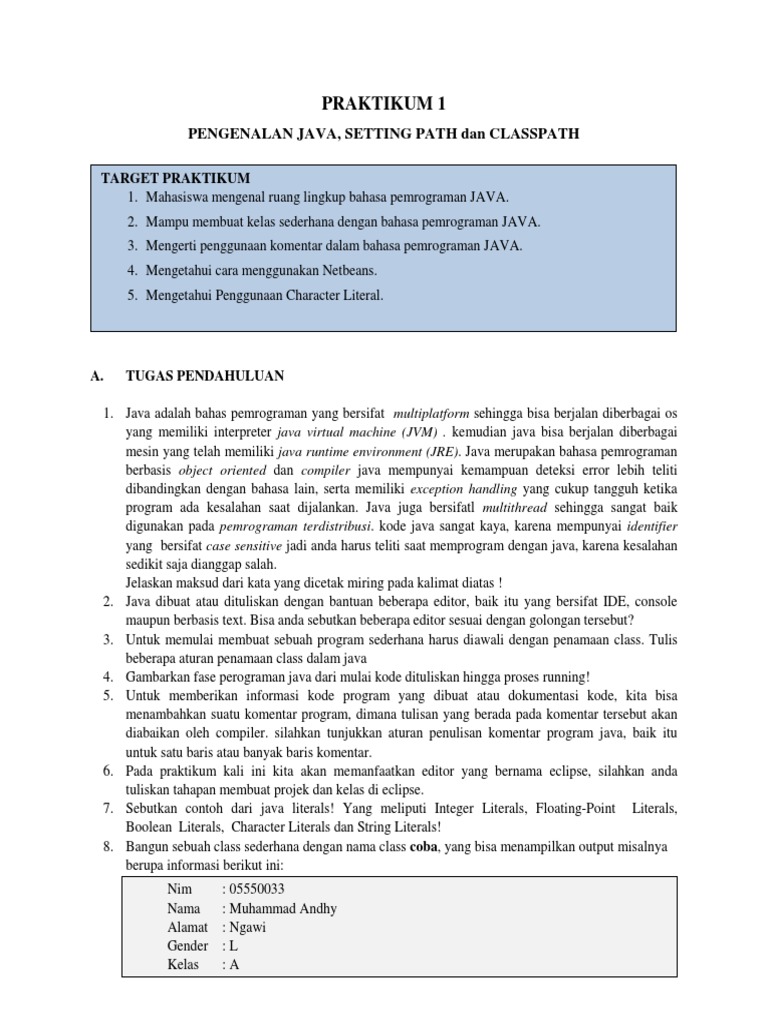 Praktikum Pengenalan Pemrograman Java | PDF