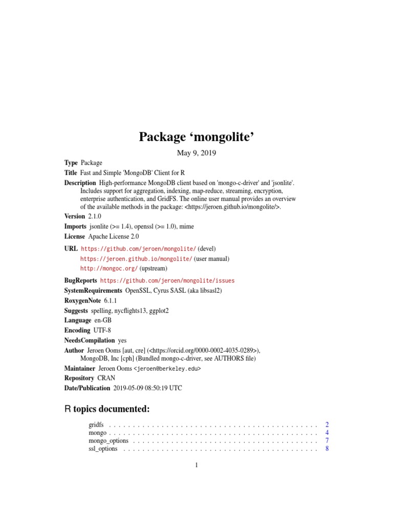 Package Mongolite': R Topics Documented | PDF | Map Reduce | Mongo Db
