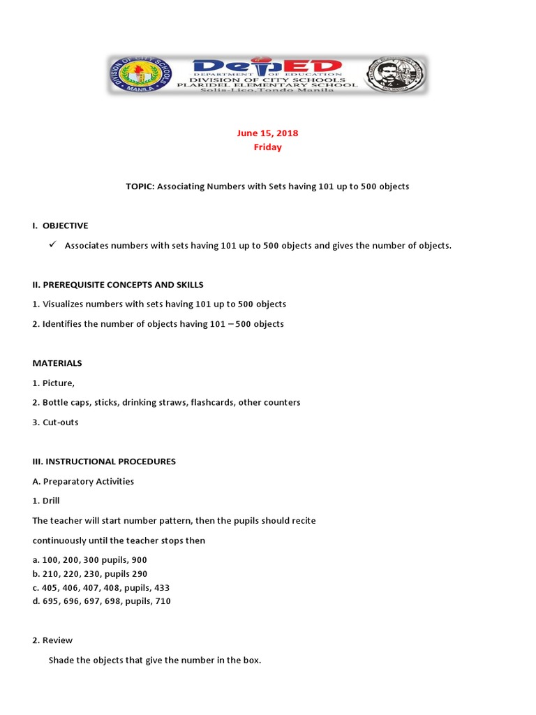June 15, 2018 Friday: TOPIC: Associating Numbers With Sets Having 101 ...